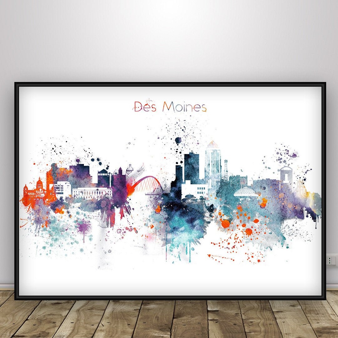 Des Moines Print, Watercolor Des Moines Skyline Poster, Home Decor ...