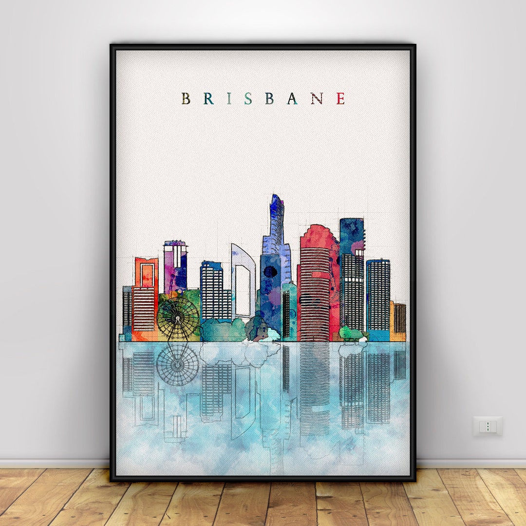 Brisbane Watercolor Printable Skyline Australia Poster Blue Home Decor ...