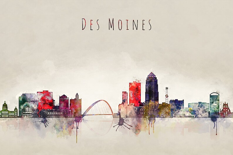 Des Moines Skyline Print Iowa Watercolor Art Print Des - Etsy