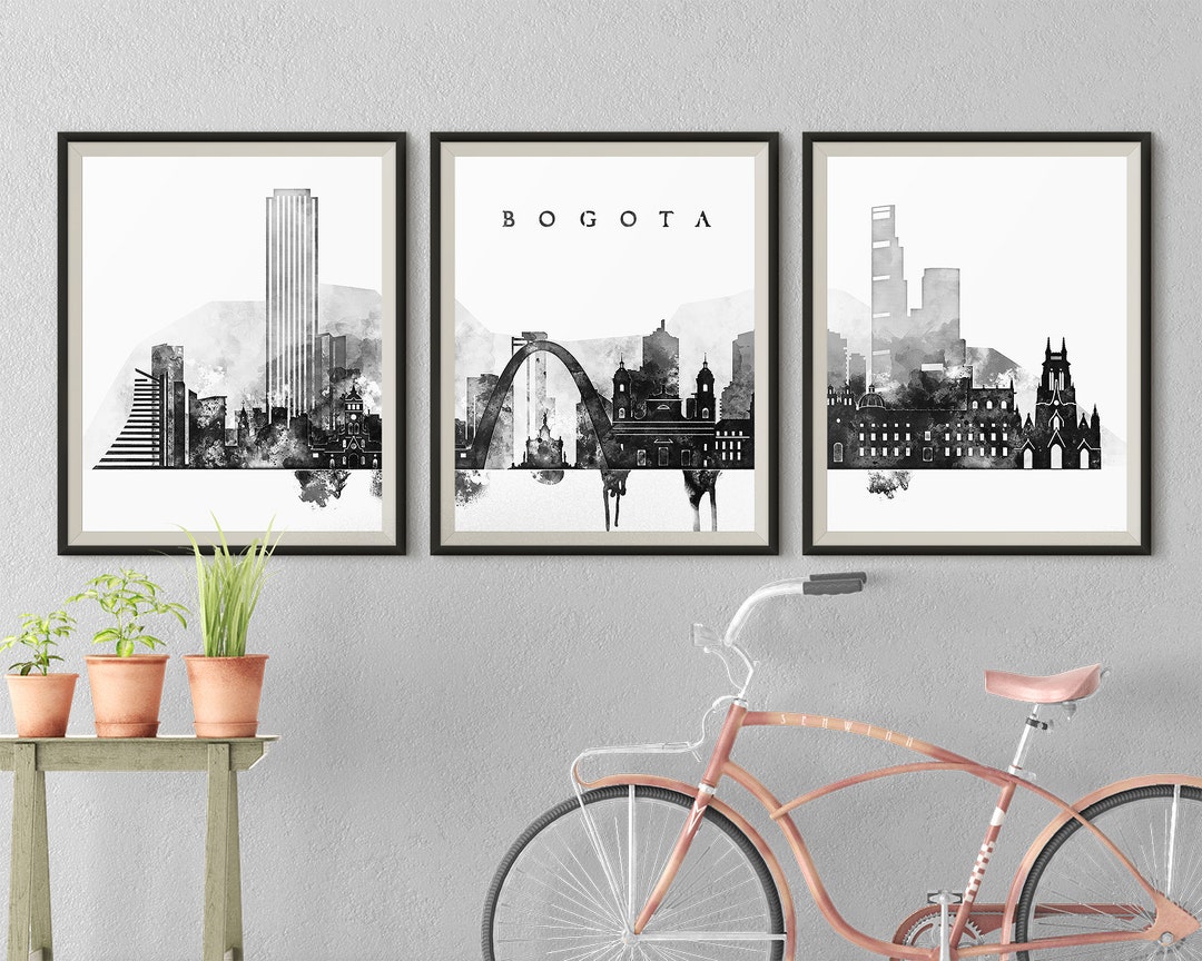 Bogota Prints, Bogota 3 Pieces Wall Art, Black White Bogota Skyline ...
