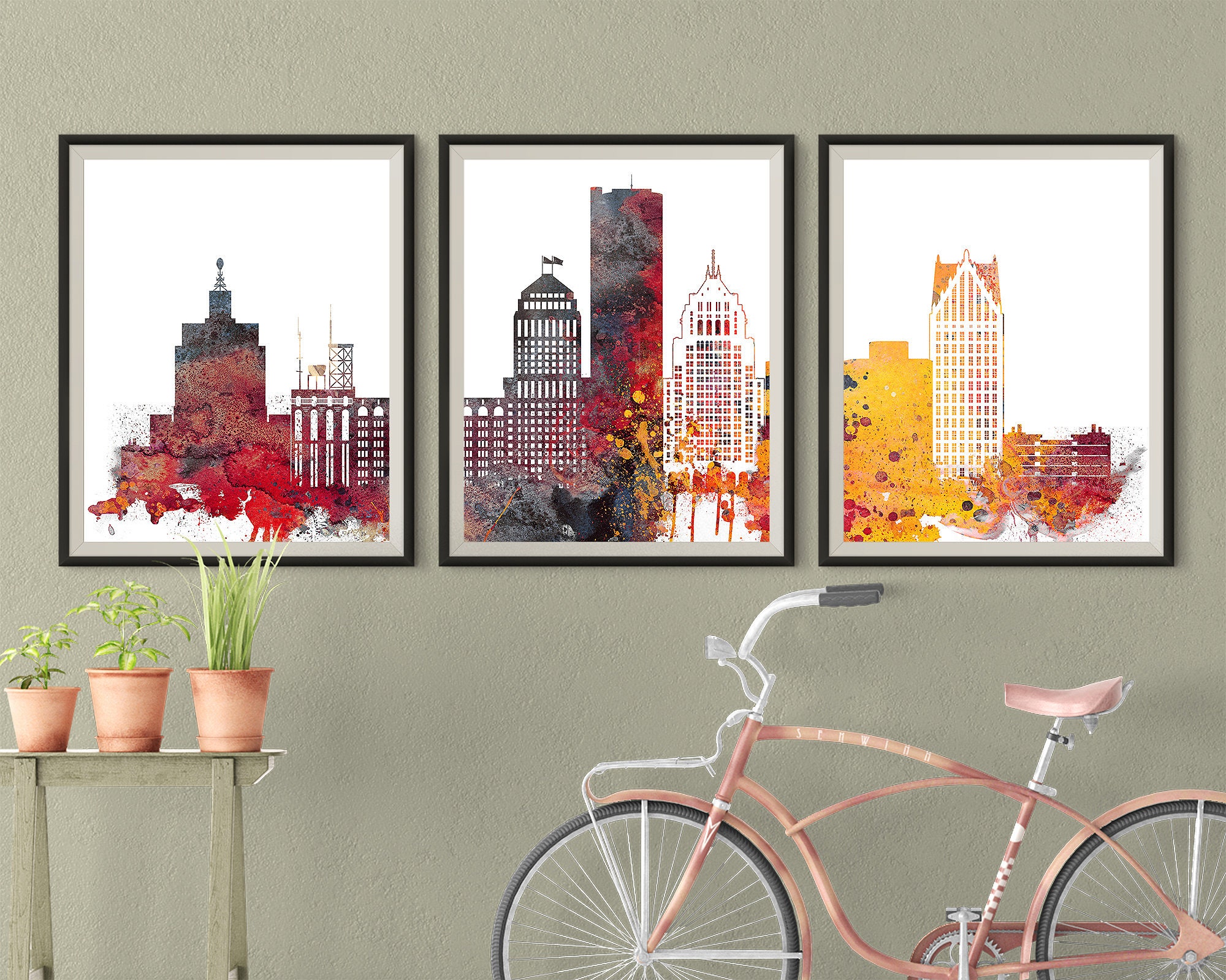 Detroit conjunto de 3 grabados Detroit 3 piezas arte de | Etsy