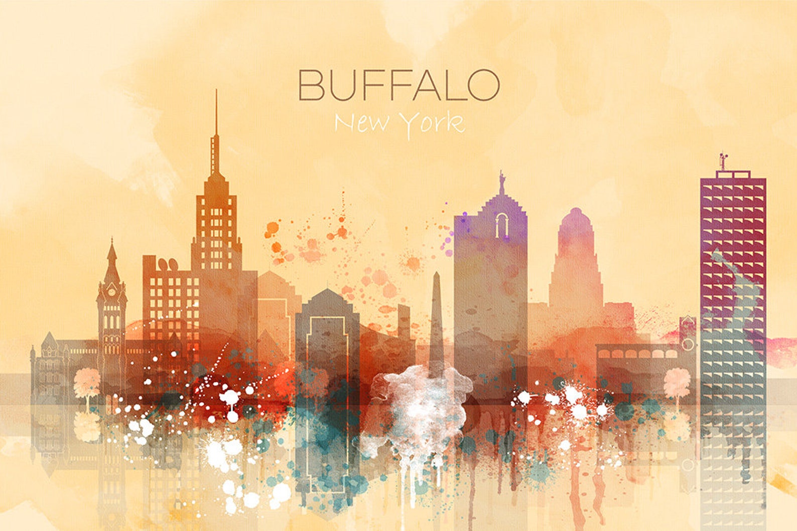 Buffalo City Print, Buffalo Skyline, Buffalo Poster, Watercolour Art ...