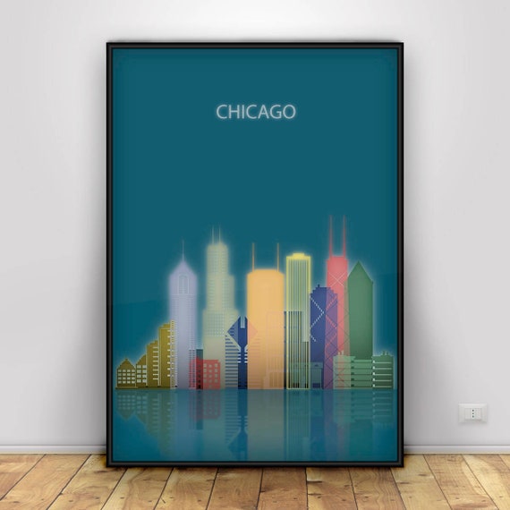 Chicago Blue Watercolor Skyline Print Chicago Poster Home | Etsy