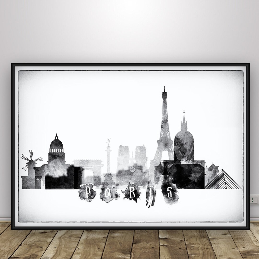 Paris Watercolor Black White Poster, France Art Décor, Paris Skyline ...