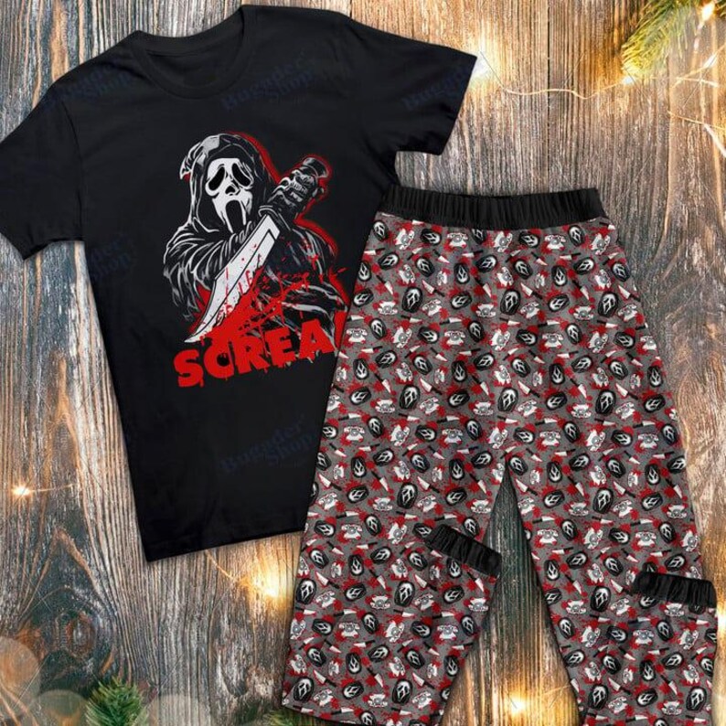 Scream Horror Movie Pajama Set – Ghostface Knife Blood Print Sleepwear ...
