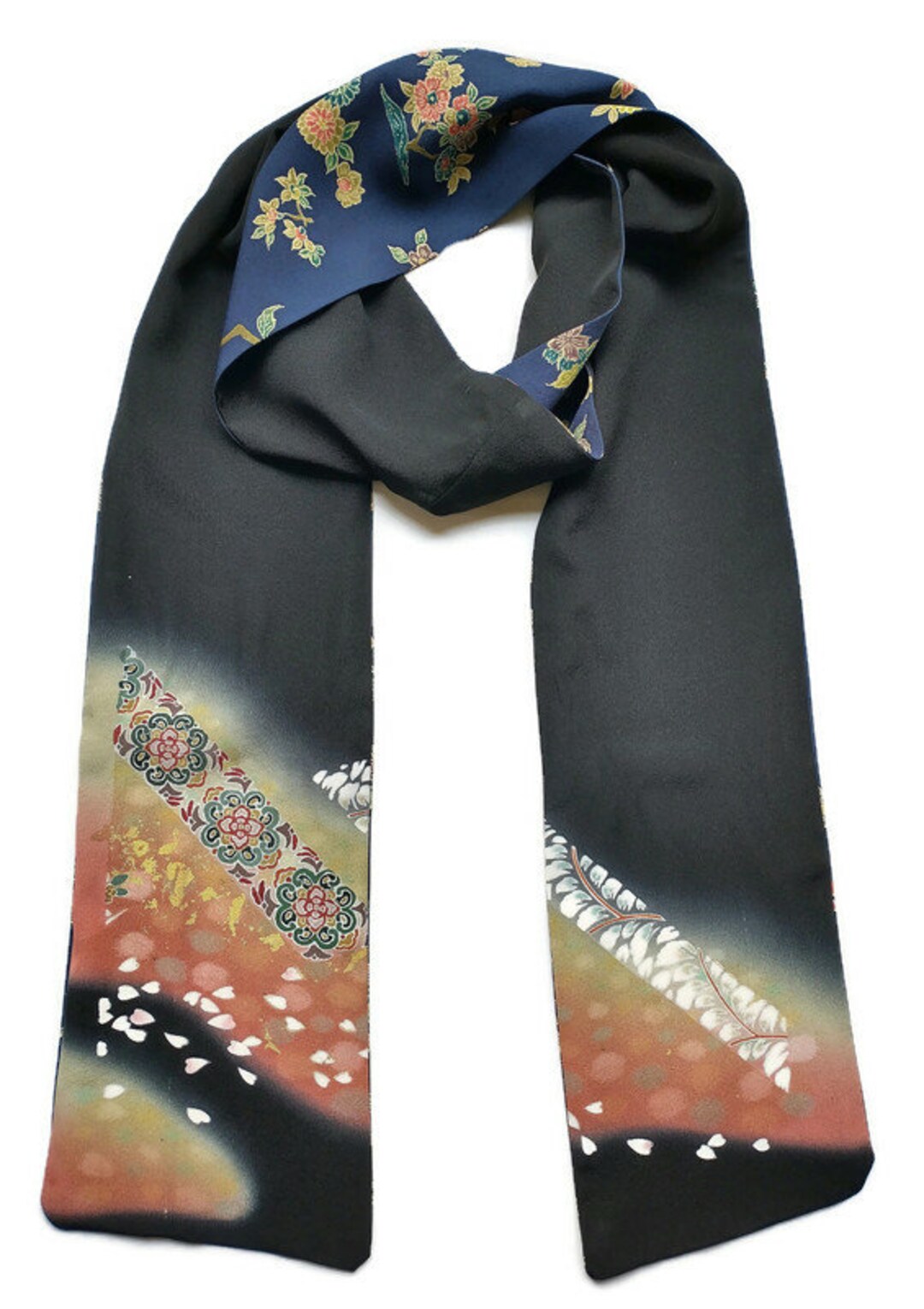 Vintage Japanese Black Tomesode Silk Kimono Reversible Scarf – Hand ...