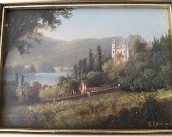 Vintage French Chateau Oil Painting, Quaint French Vintage Alpine Lake ...