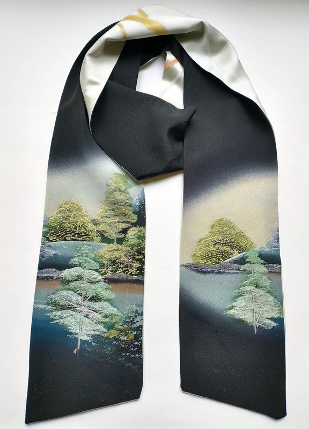 Vintage Japanese Silk Scarf – Embroidered Pine Trees, Reversible Kimono ...