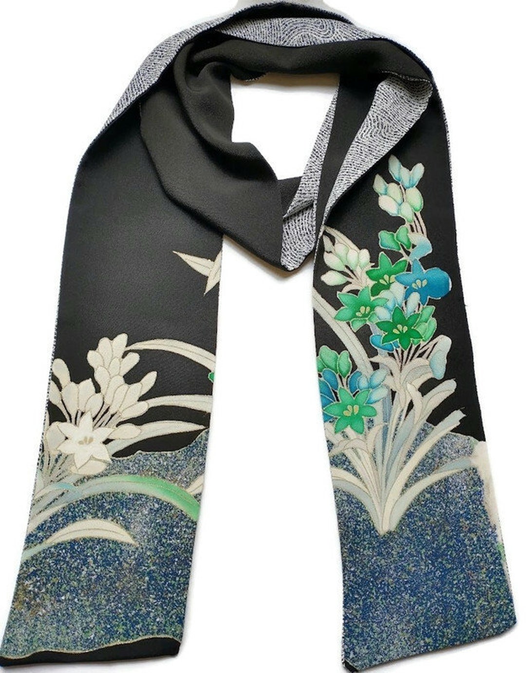 Japanese Black Silk Scarf – Bell Flowers Hand-dyed Vintage Kimono Silk ...