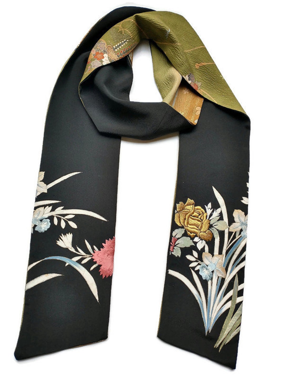 Vintage Japanese Embroidered Flowers Black Tomesode Silk Kimono ...