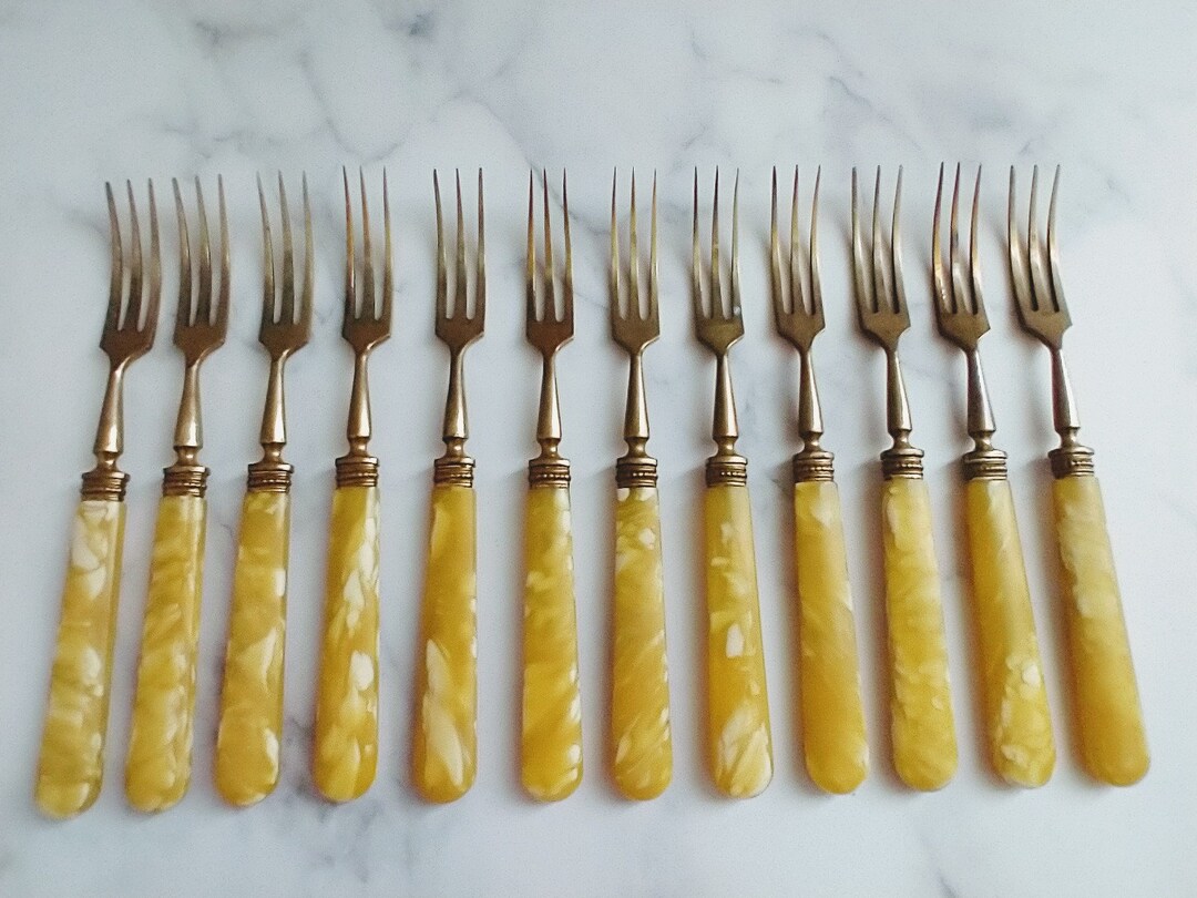 Vintage Retro French Dessert 12 Set Forks With Yellow Bakelite Handles ...