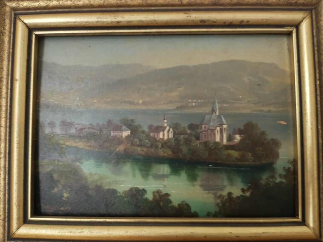 Vintage French Chateau Oil Painting, Quaint French Vintage Alpine Lake ...