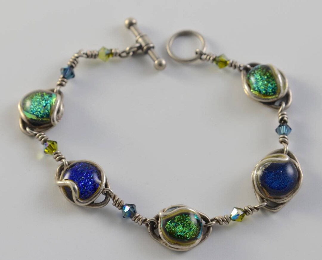 Fine Silver PMC Dichroic Glass Bracelet Blue and Green Handmade - Etsy