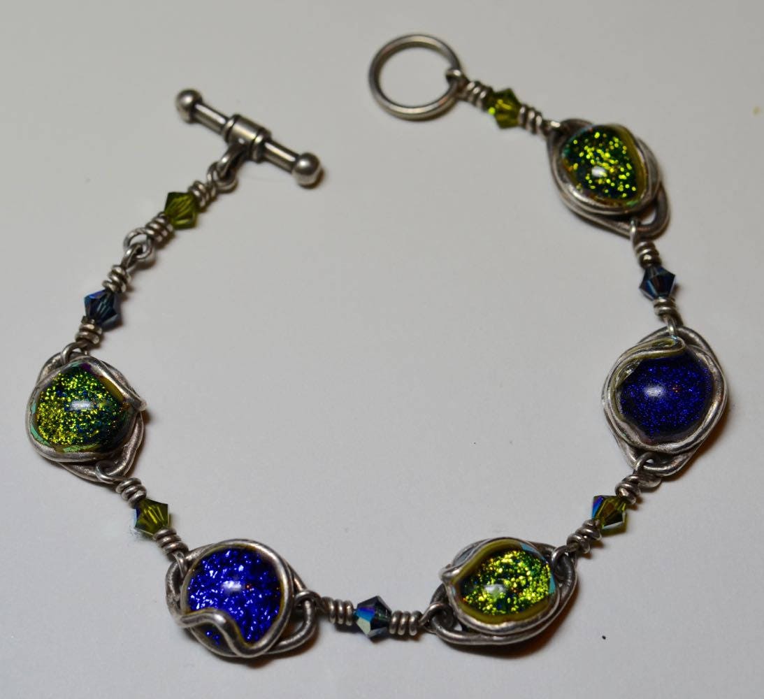 Fine Silver PMC Dichroic Glass Bracelet Blue and Green Handmade - Etsy