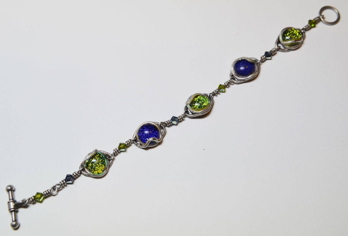 Fine Silver PMC Dichroic Glass Bracelet Blue and Green Handmade - Etsy