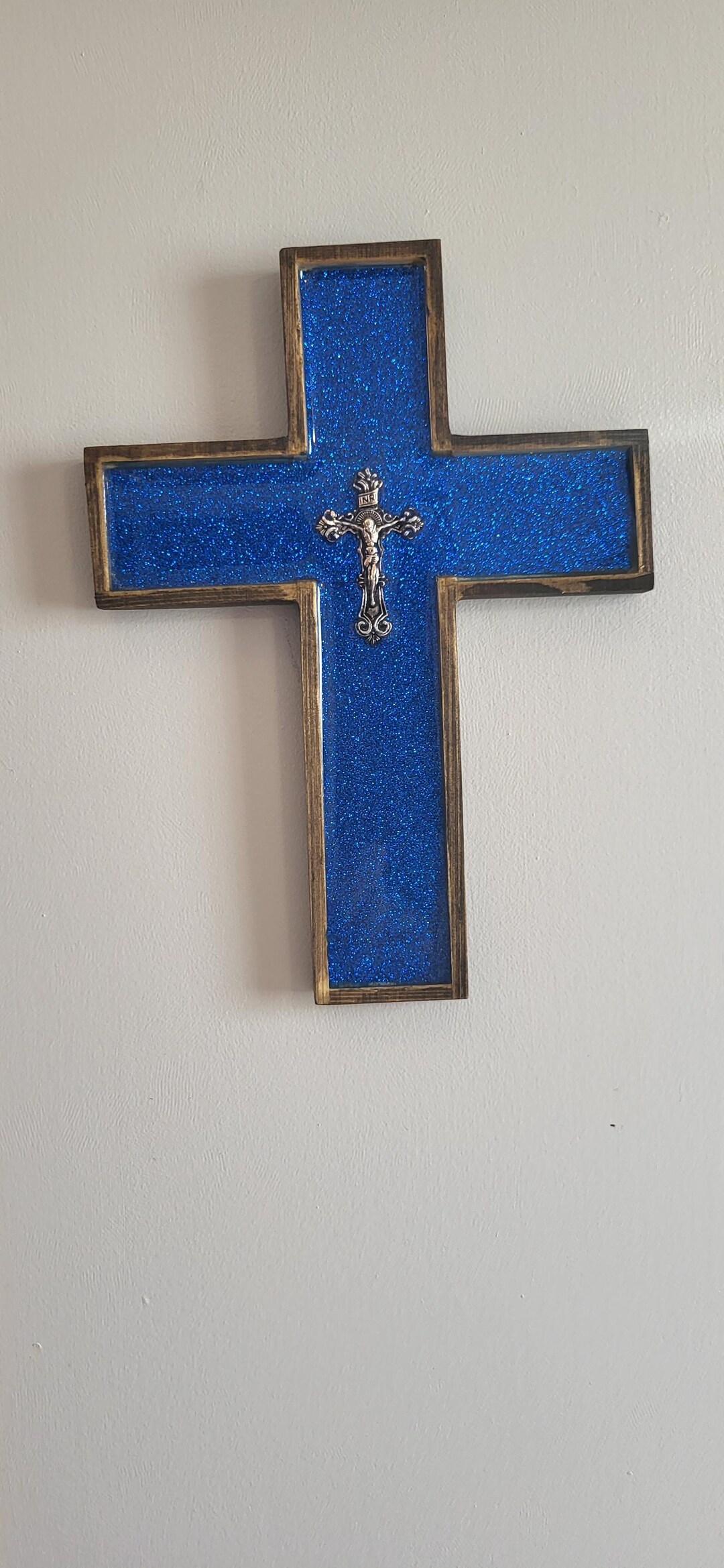 Wooden Cross With Blue Background and Silver Crucifix . - Etsy