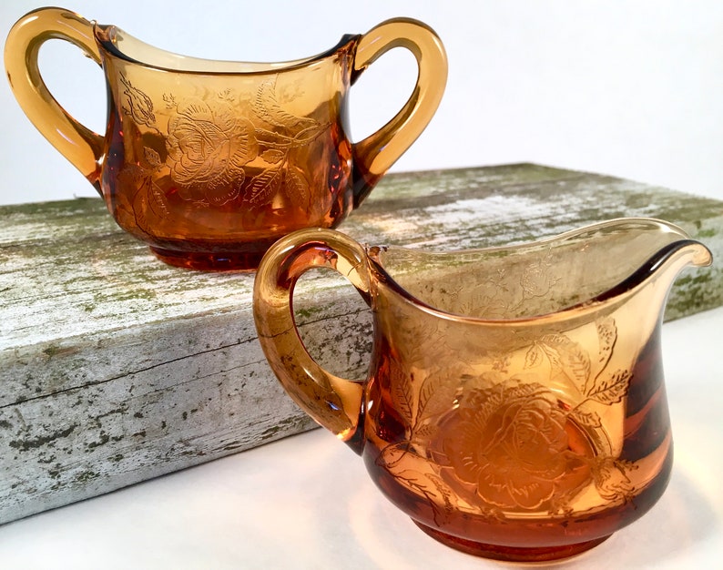 Vintage Amber Glass Sugar Bowl and Creamer Set Etched Glass - Etsy