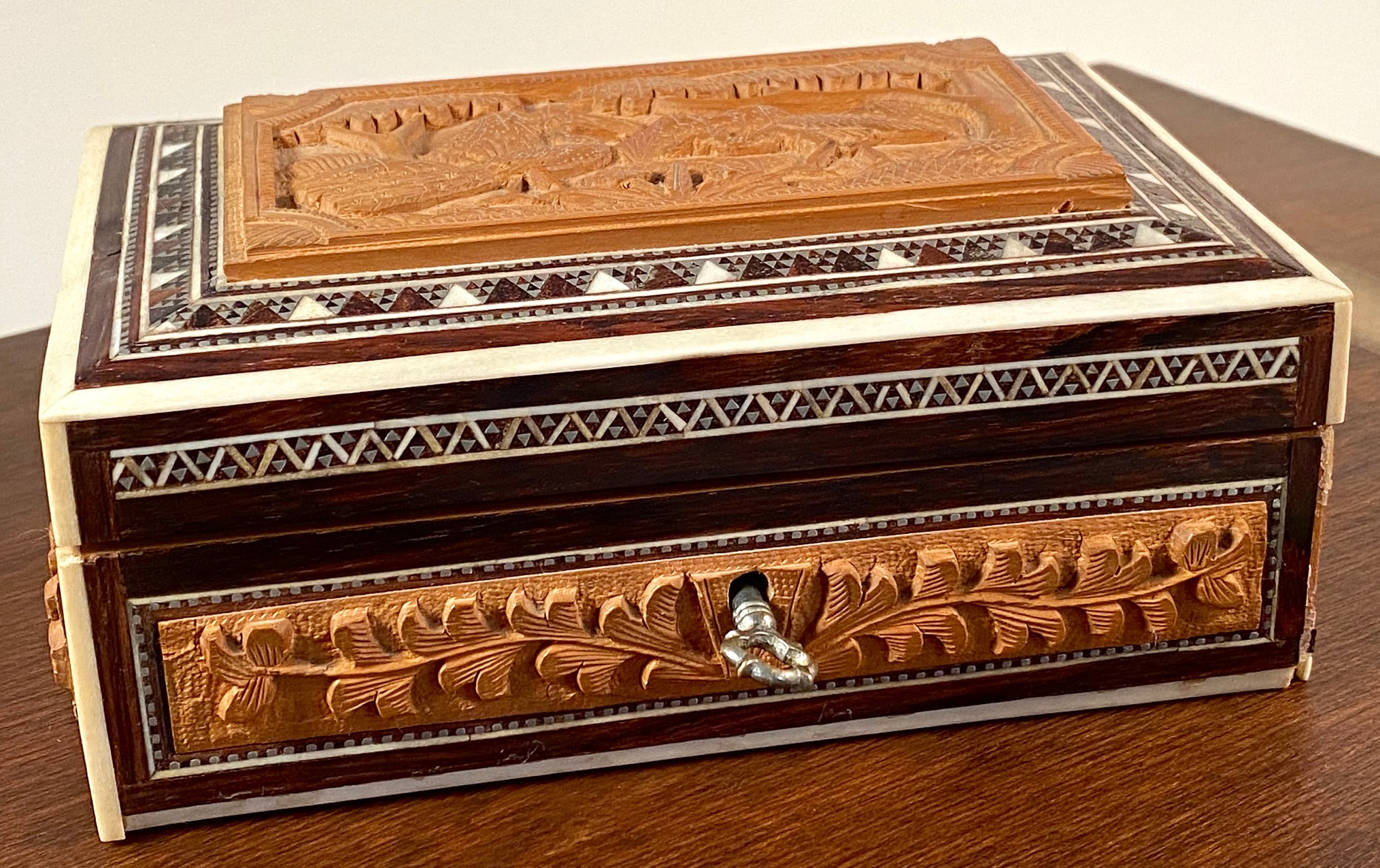 Antique Moroccan Inlaid Mosaic Marquetry Wooden Box | Carved Wooden Box ...