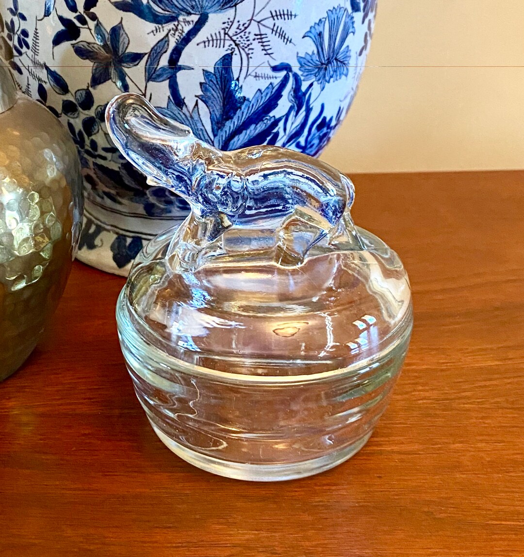 Vintage Jeanette Glass Powder Jar With Elephant Lid | Pressed Glass ...