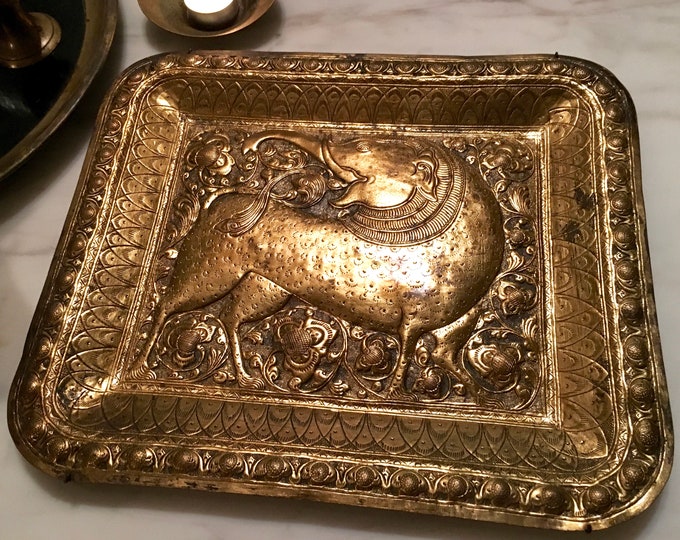 Vintage Brass Repousse Tray | Kochasri Animal Image | Mythical Animal ...