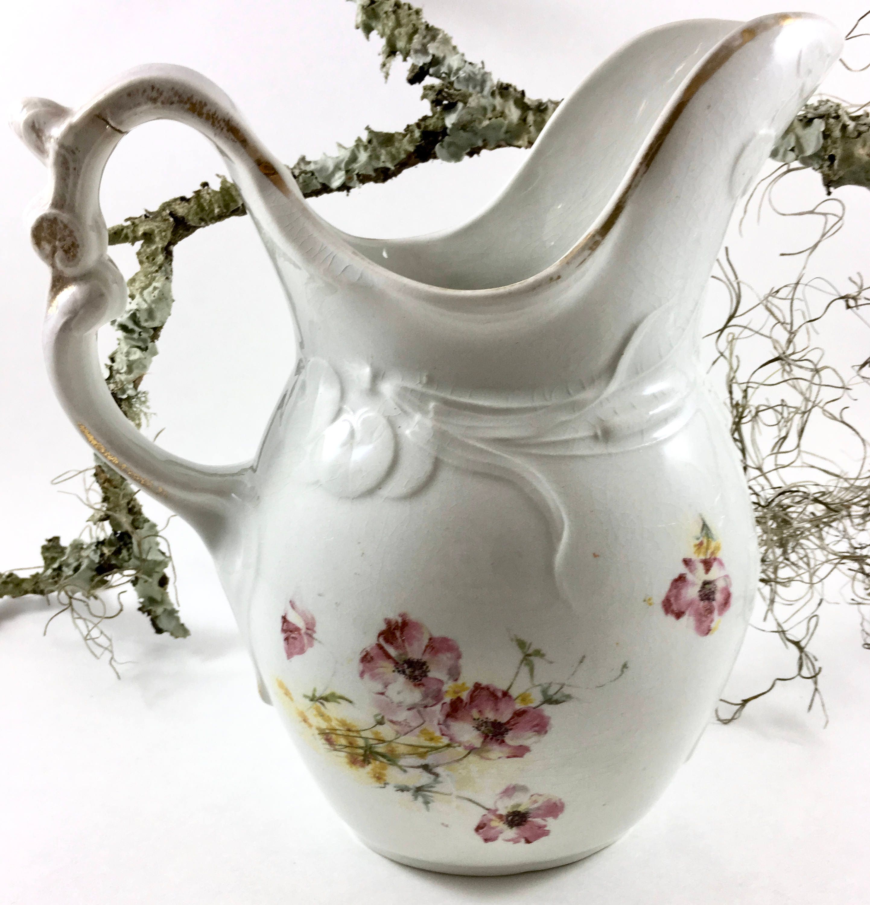 Lovely Antique Mercer Semi-vitreous Pitcher | Raised Dimensional Lily ...