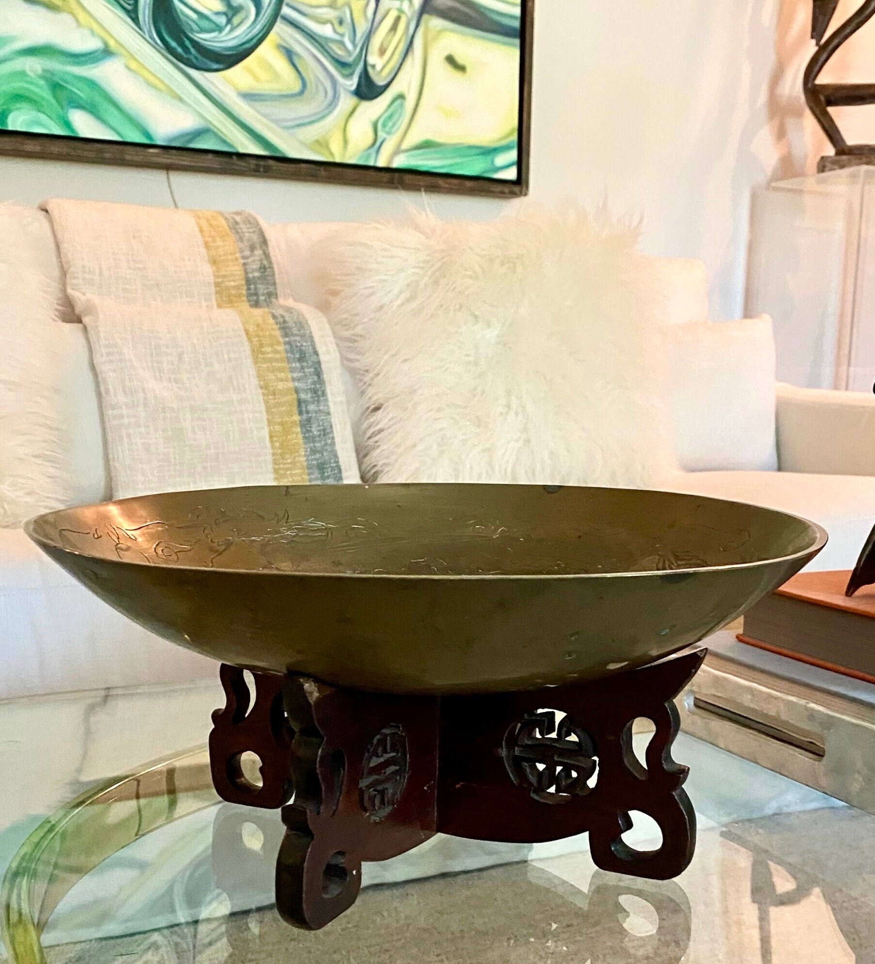 Vintage Chinese Brass Bowl With Carved Wooden Stand Vintage Chinese Brass Bowl With Carved Wooden Stand