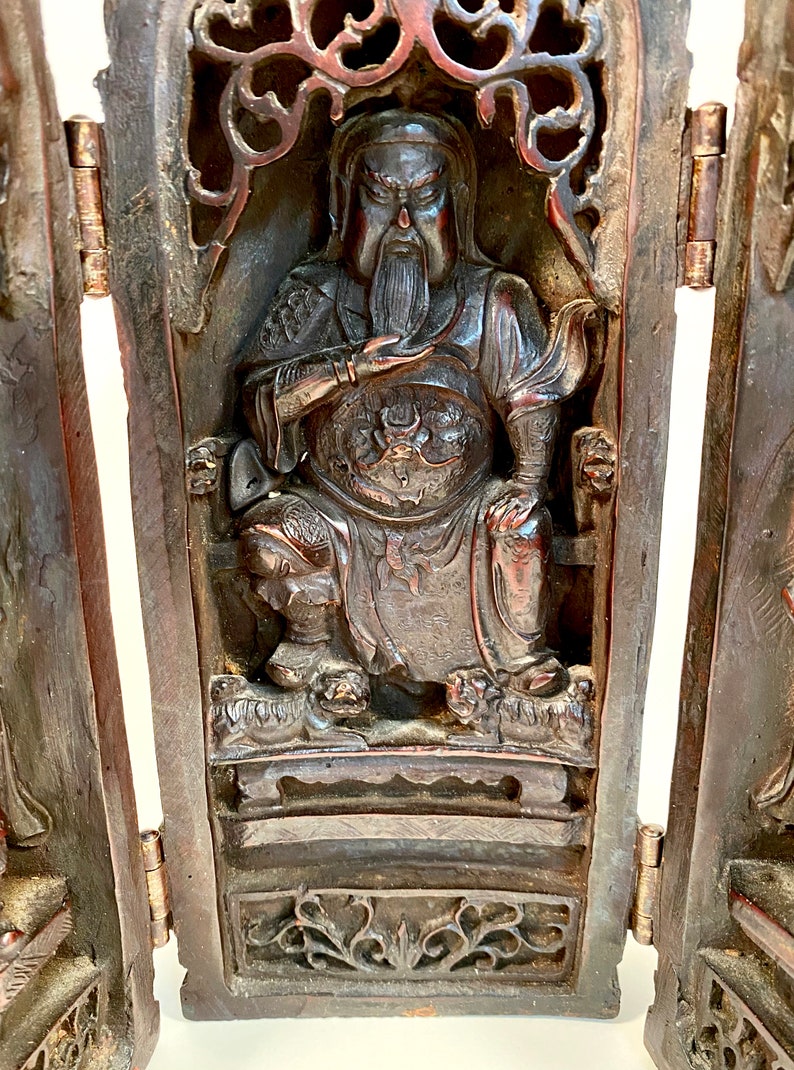 Antique Chinese Folding Buddha Triptych Carved Wood Temple | Etsy