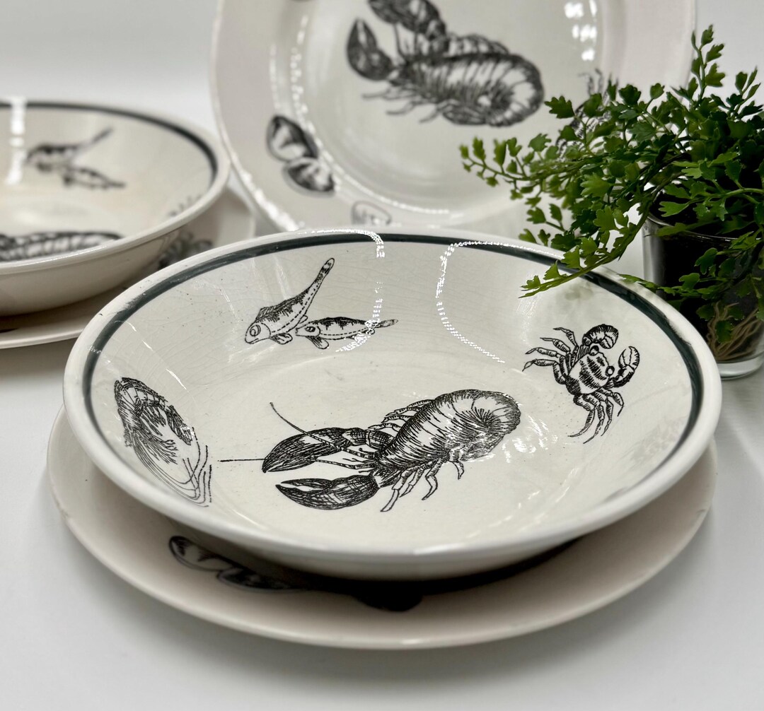 Stunning Vintage Seafood Theme Plates and Bowls | Lobster Shrimp Crabs ...