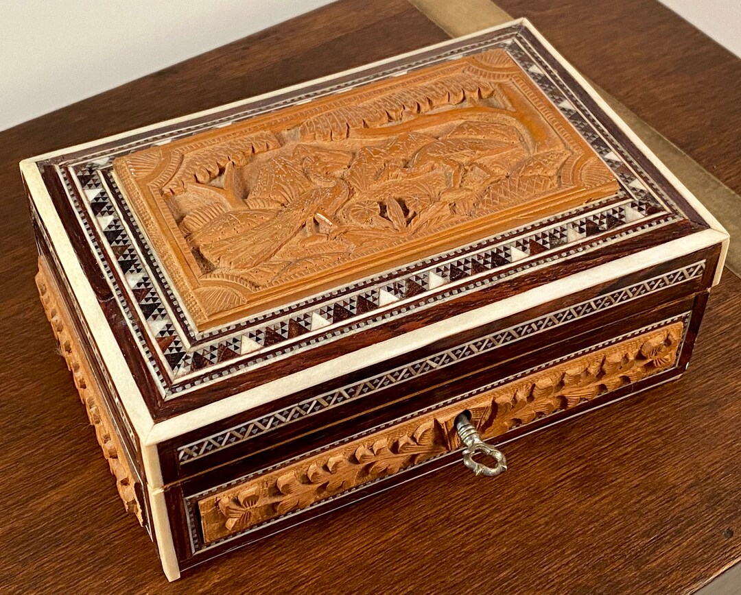 Antique Moroccan Inlaid Mosaic Marquetry Wooden Box | Carved Wooden Box ...