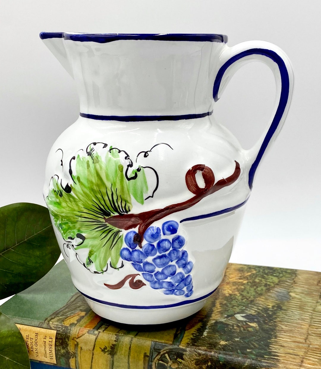 Vintage Glazed Ceramic Pitcher | Hand-painted Portuguese Majolica ...