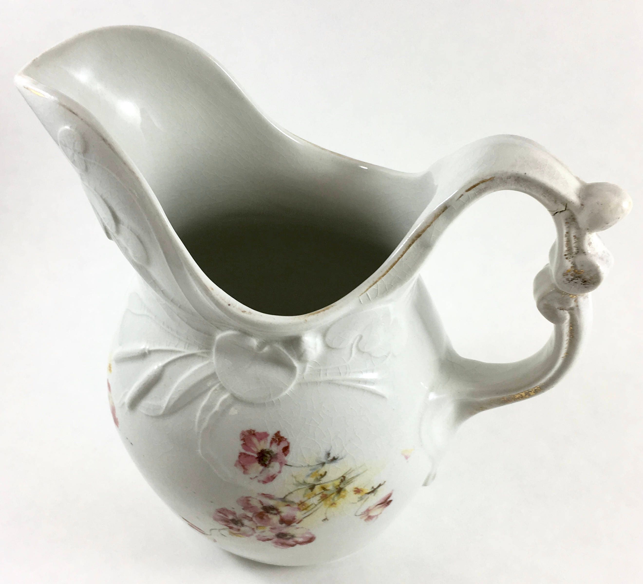 Lovely Antique Mercer Semi-vitreous Pitcher | Raised Dimensional Lily ...