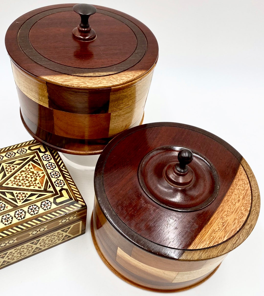 Vintage Checkerboard Wooden Jar With Lid | Segmented Parquetry Canister ...