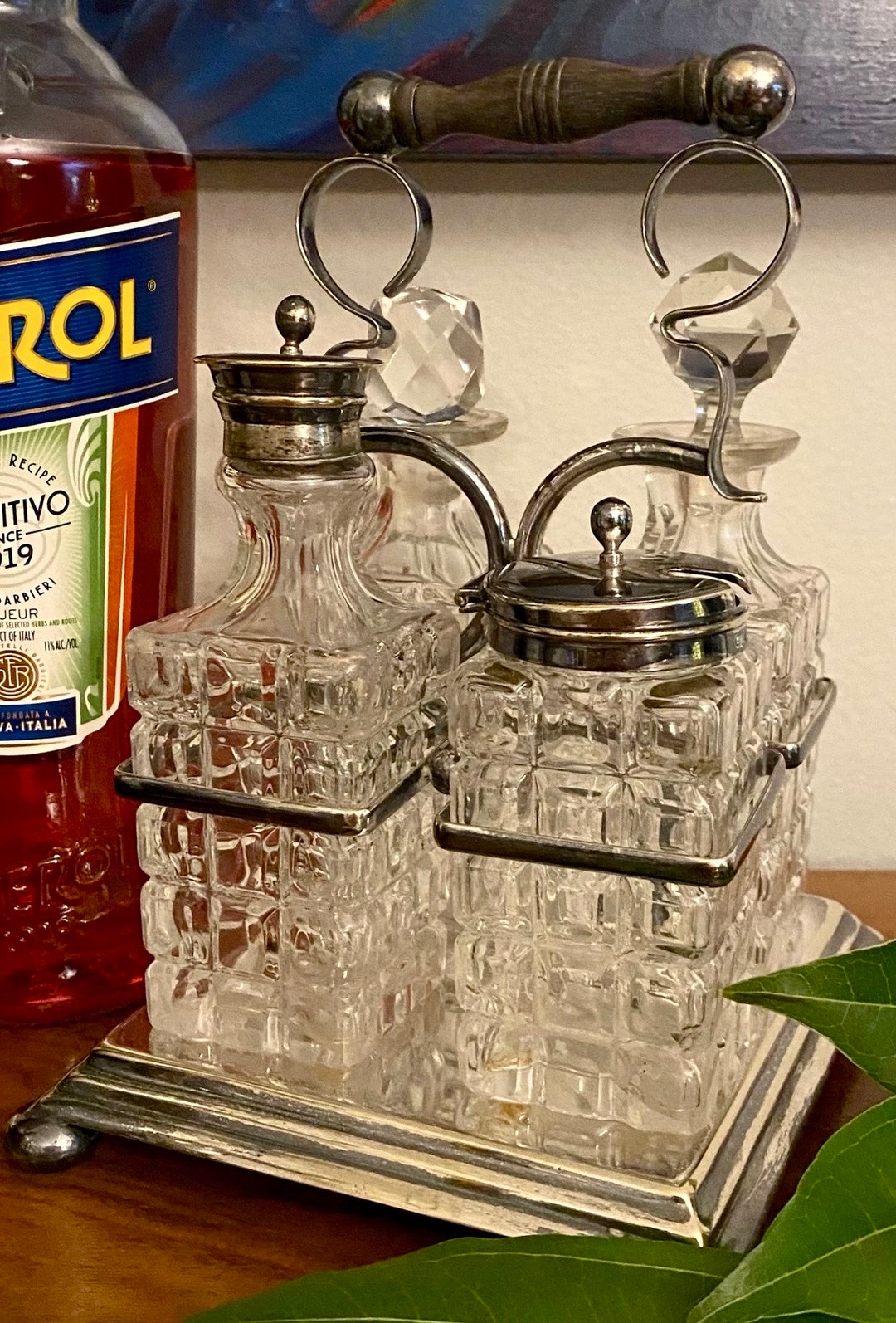 Antique Cruet and Jar Set | Silverplate Caddy | Glass Bottles With ...