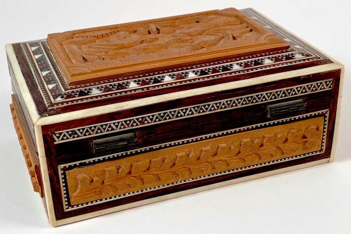 Antique Moroccan Inlaid Mosaic Marquetry Wooden Box Carved - Etsy