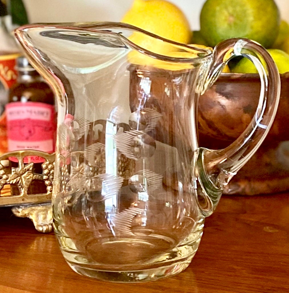 Beautiful Mouth Blown Glass Pitcher | Thick Clear Glass With Retro ...