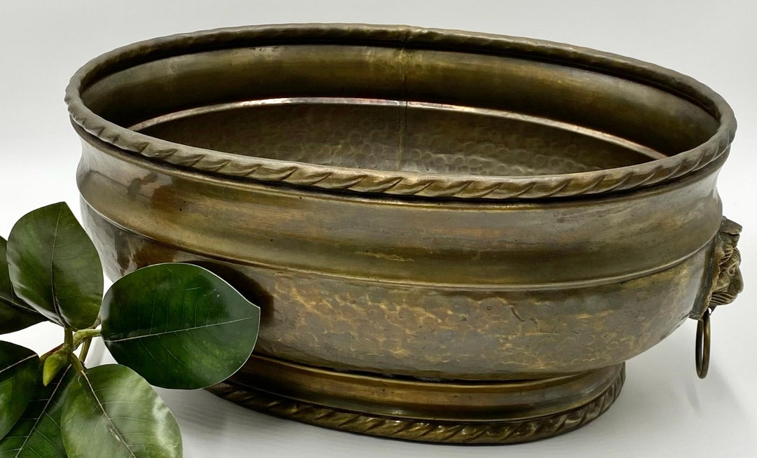 Vintage Oval Brass Cachepot | Brass Pot Sleeve | Brass Overpot Planter ...