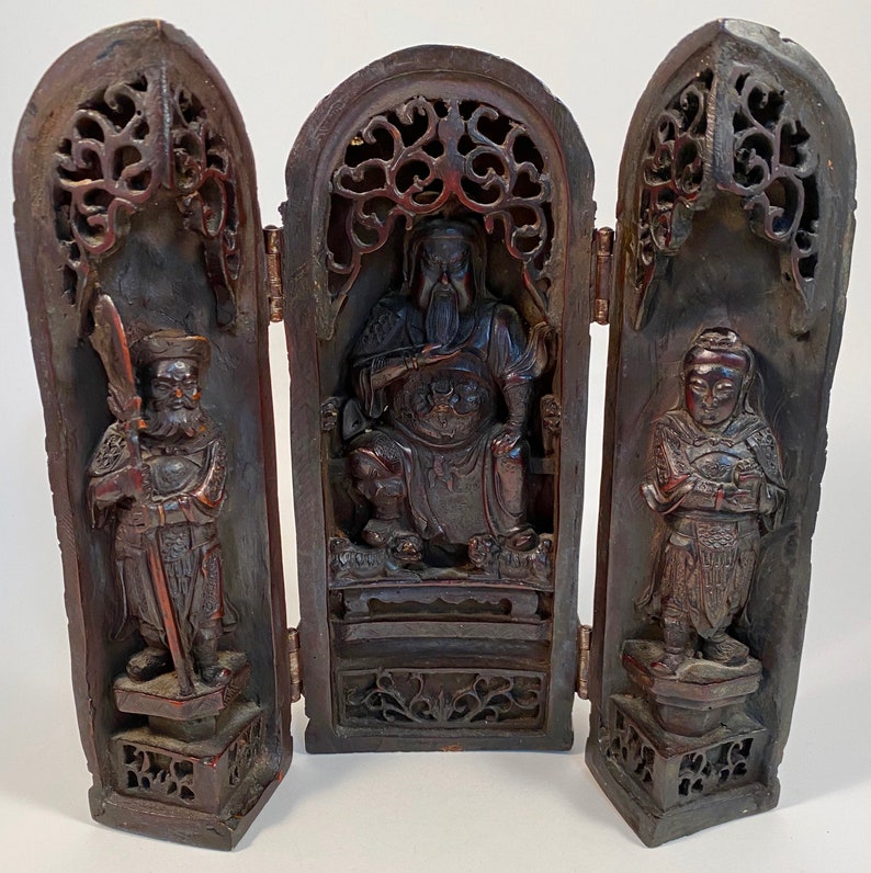 Antique Chinese Folding Buddha Triptych Carved Wood Temple | Etsy
