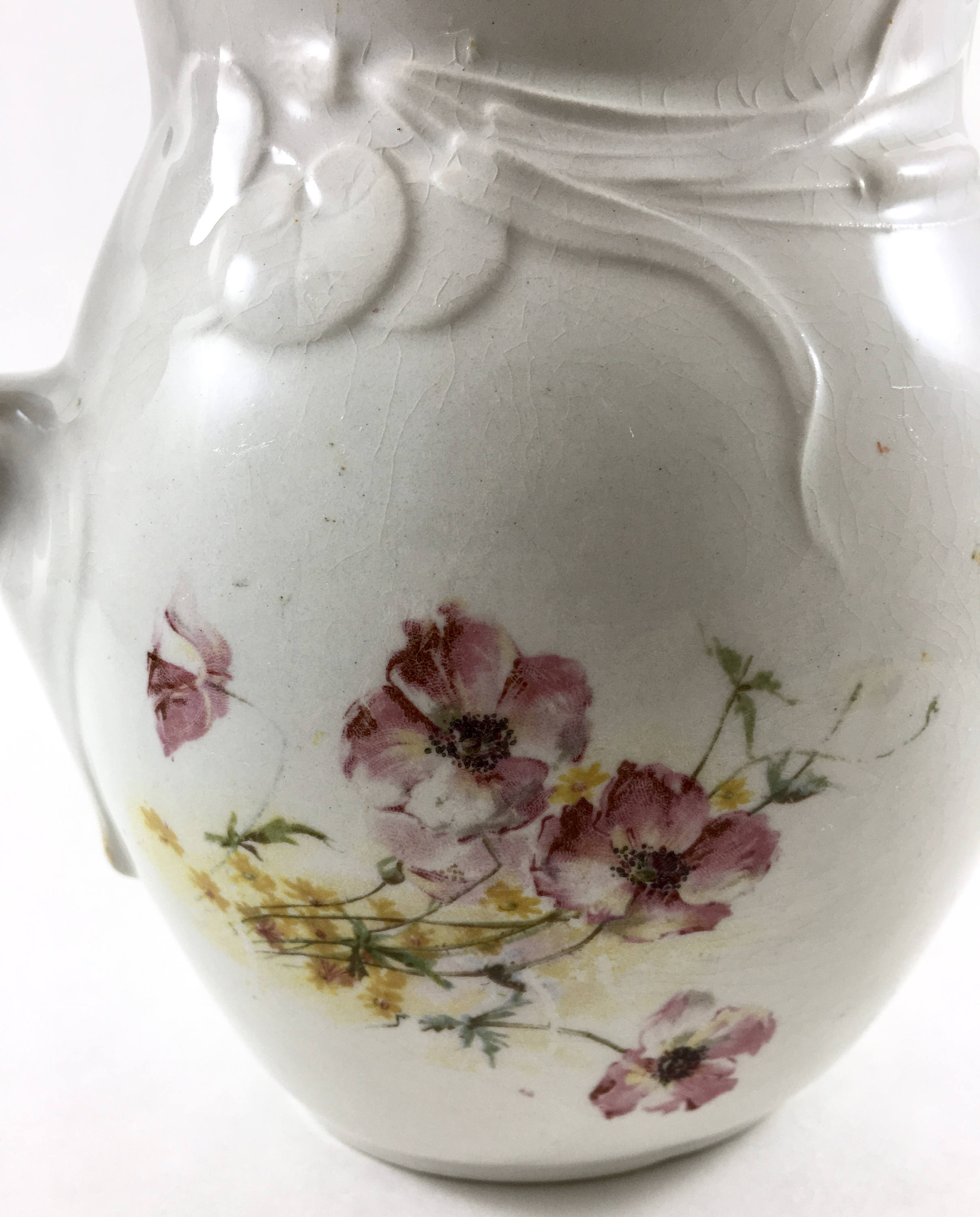 Lovely Antique Mercer Semi-vitreous Pitcher | Raised Dimensional Lily ...