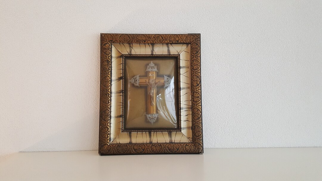 Religious Picture With Crucifix Catholic Cross and Silvered Holy Christ ...