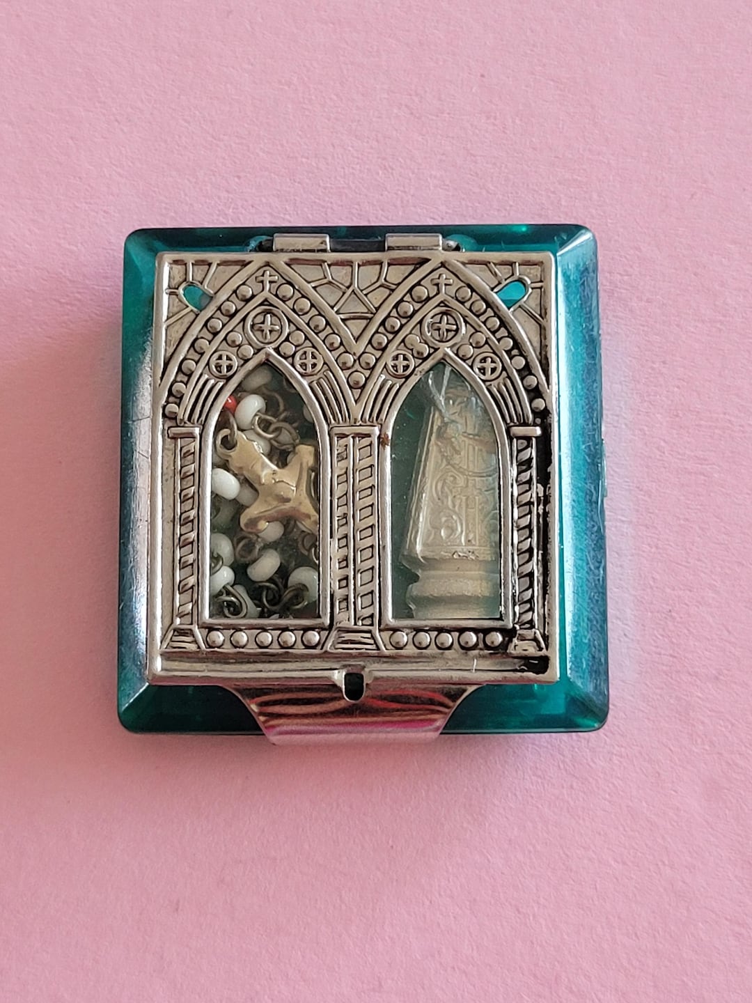 Religious Vintage Silvered Catholic Rosary Case Miniature Box Container ...