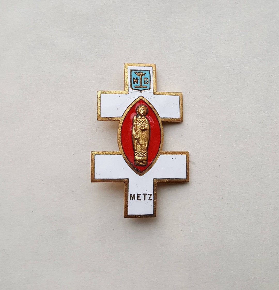 Enameled Religious Pin, Brooch, Badge Notre Dame Metz, Pilgrims ...