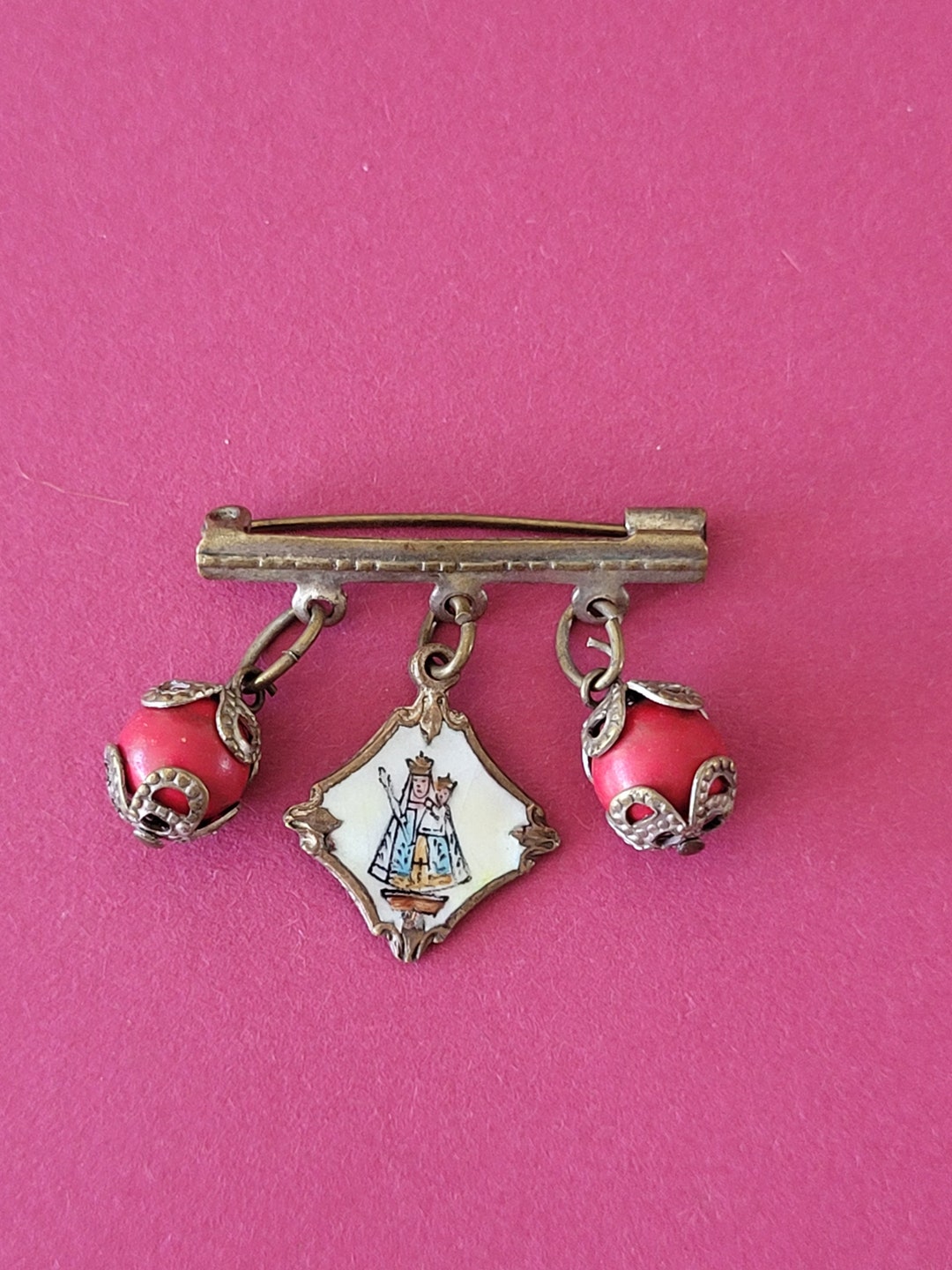 Old Stunning Antique Religious French Enameled Silver Plated Brooch Pin ...