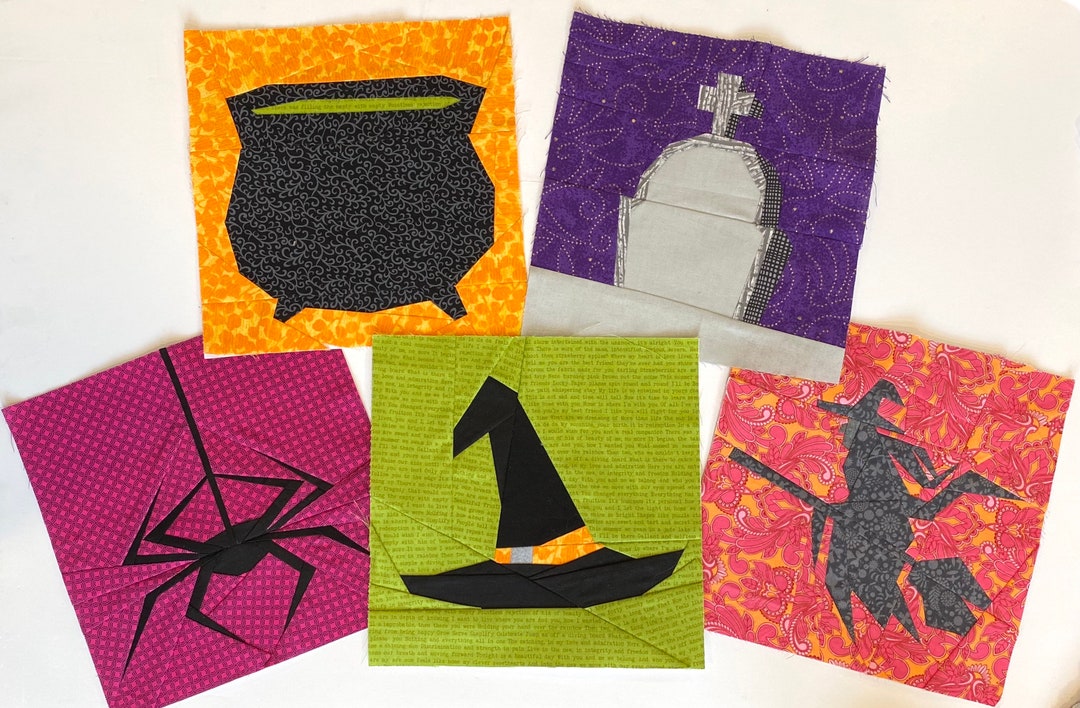 Halloween Quilt Block Patterns Pack - 5 Halloween Patchwork Quilt ...