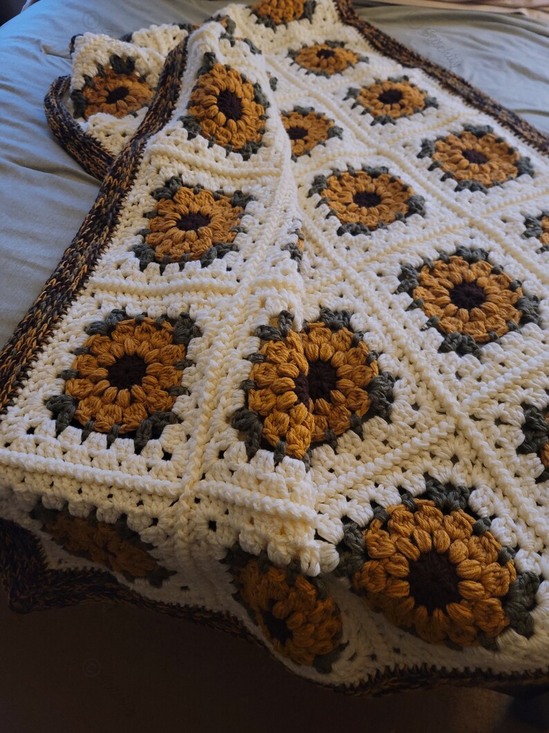CROCHET BLANKET PATTERN Vintage Sunflower Throw Granny Squares Blanket Bedspread U.S Terms - Etsy