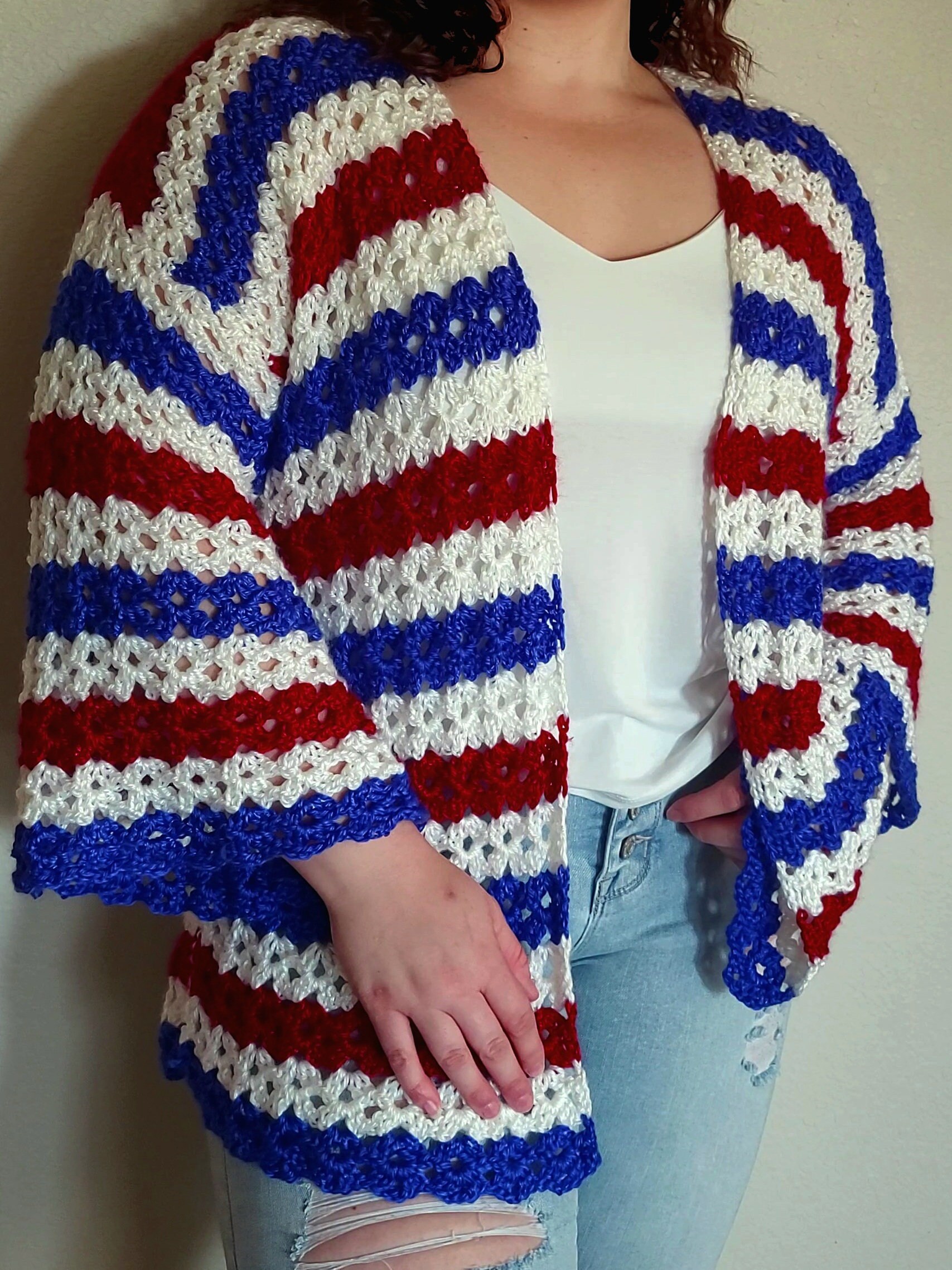 CROCHET CARDIGAN PATTERN Red, White, & Blue Striped Cardigan ...