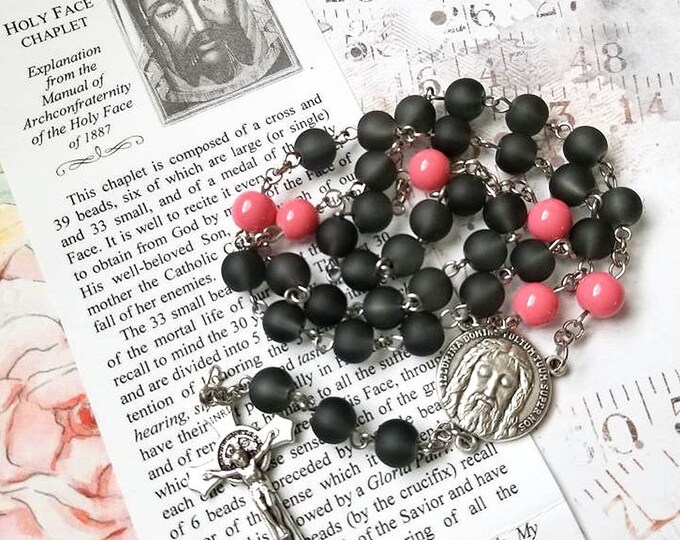HOLY FACE of JESUS Chaplet Catholic, Smoke Grey Frosted Glass Beads ...