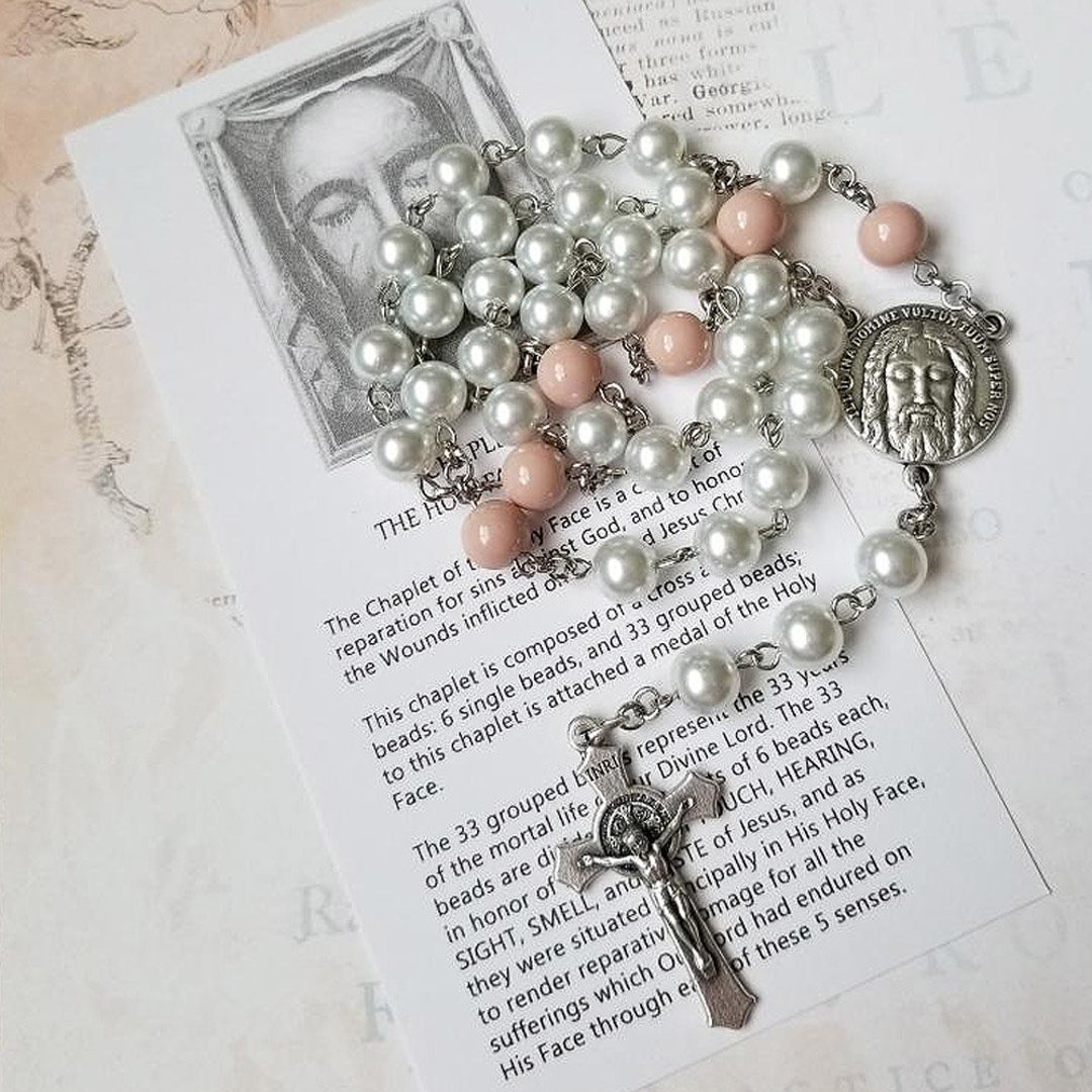 HOLY FACE of JESUS Chaplet Catholic, Pearlized White Glass Beads, Silver Components, With ...
