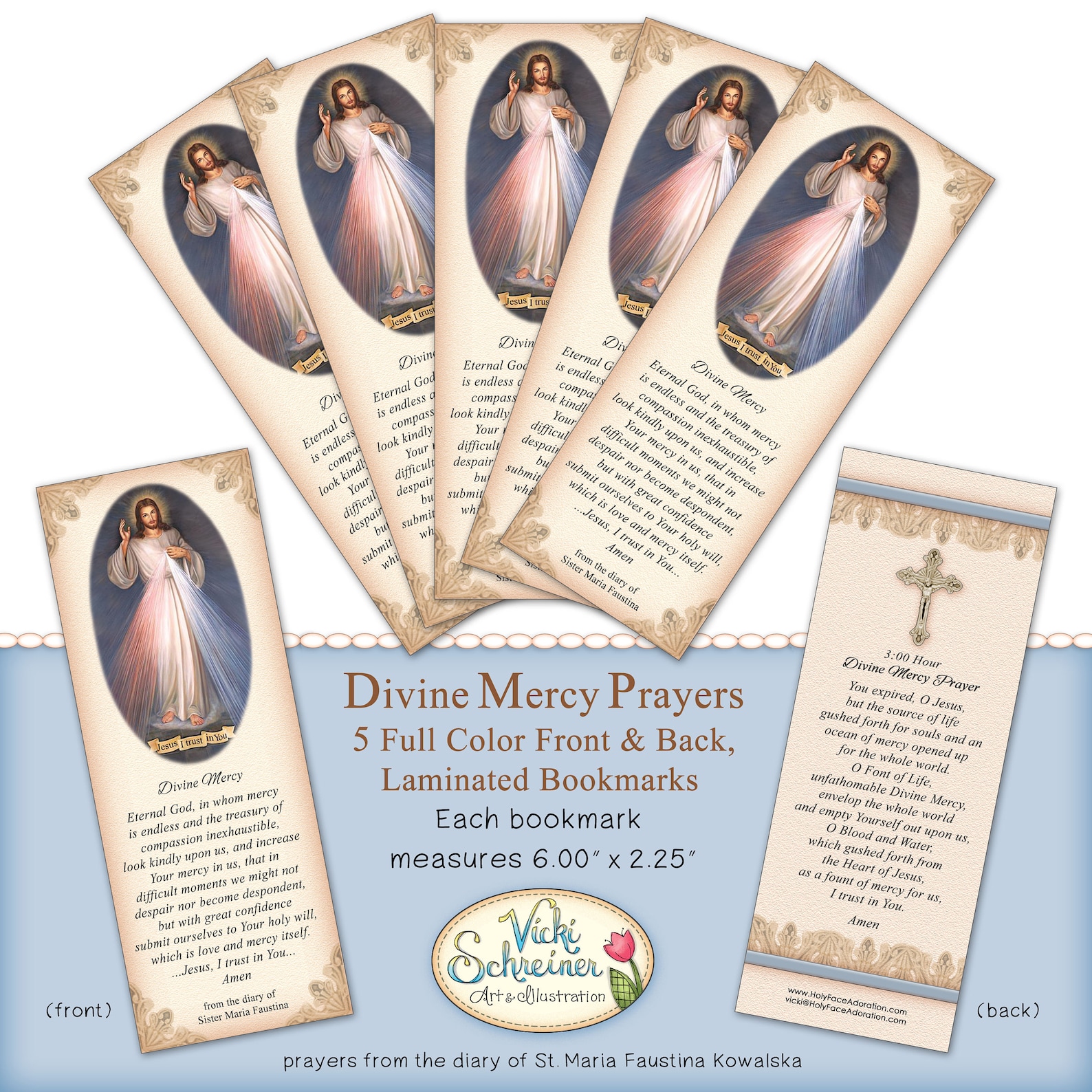 DIVINE MERCY BOOKMARKS - Set of 5, Laminated, Full Color Front & Back ...
