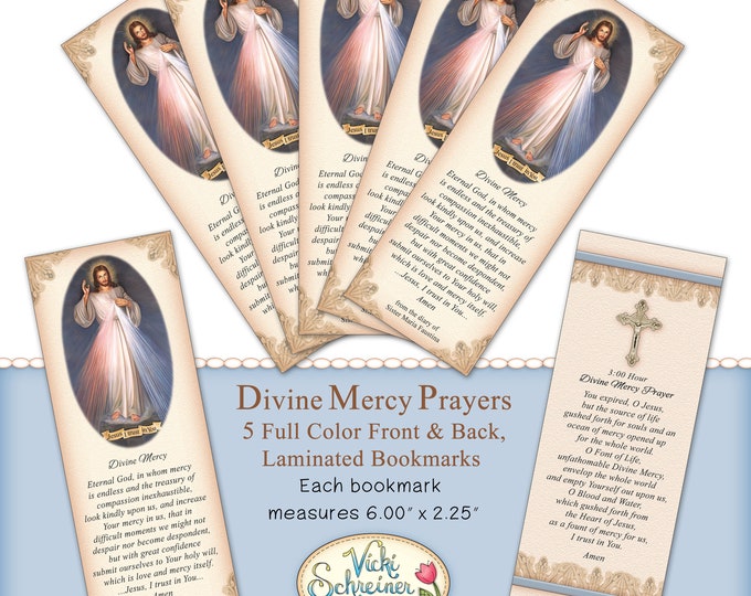 DIVINE MERCY BOOKMARKS - Set of 5, Laminated, Full Color Front & Back ...