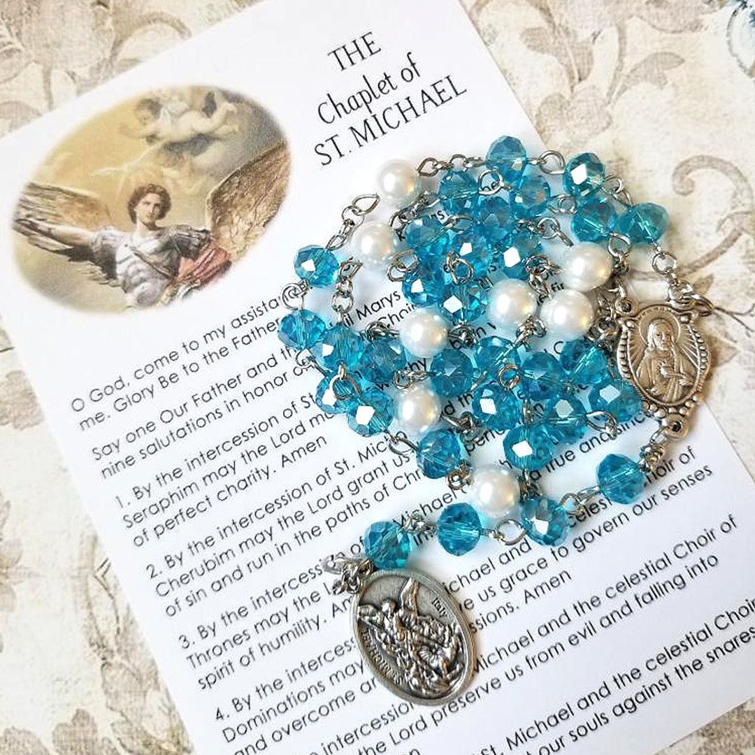 ST MICHAEL the ARCHANGEL Chaplet - Turquoise Faceted Glass Beads, Silver Components, With ...